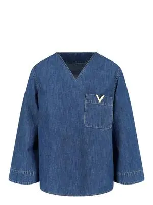 Valentino Garavani 100% Cotton V-neck Pocket Top - Blue
