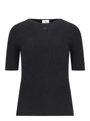 COURREGES Ribbed Cotton & Merino Wool Crewneck Sweater - Black