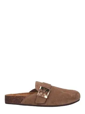 Tory Burch Suede Mule Sandals With Logo Buckle - Brown