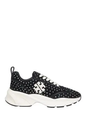 Tory Burch Embellished Suede And Leather Lace-up Sneakers - Black