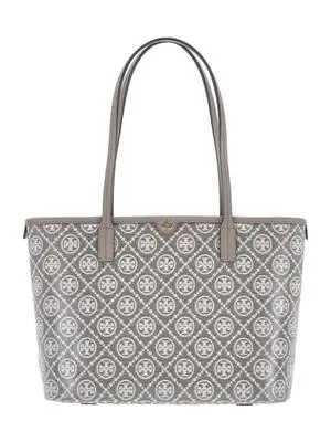 Tory Burch Monogrammed Cotton Tote Bag With Leather Trim - Grey
