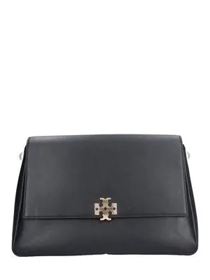 Tory Burch Tumbled Cow Leather Shoulder Bag With Gold Tone Logo Clasp - Black