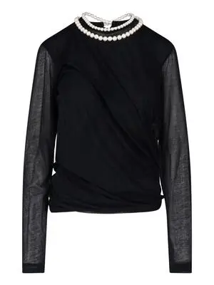 Junya Watanabe Mesh Top With Pearl Embellished Collar - Black