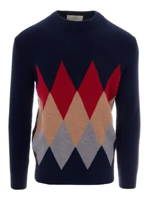 BALLANTYNE Argyle Pattern Crewneck Sweater - Blu-light Grey-camel-red