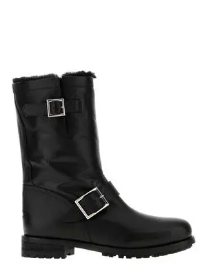 JIMMY CHOO Buckled Mid-Calf Combat Boots Black/black
