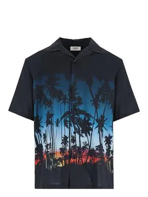 Celine Palm Tree Print Short-sleeve Button-up Shirt - Black