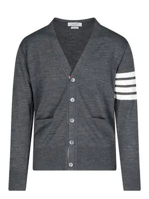 Thom Browne 100% Virgin Wool V-neck Cardigan With Signature Stripes - Grey