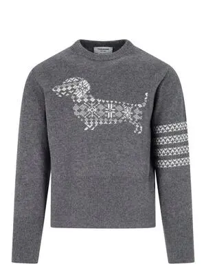 Thom Browne 100% Virgin Wool Dachshund Intarsia Crewneck Sweater - Grey