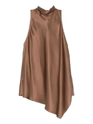 Brunello Cucinelli Sleeveless Asymmetrical High Neck Silk Top - Brown