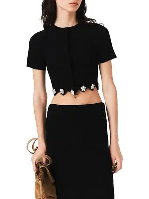 Maje Floral Jewel Cropped Cardigan - Black