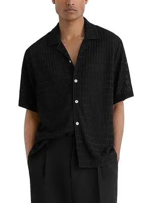 REISS Crochet Stripe Cuban Shirt - Black