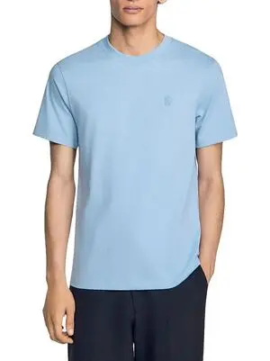 Sandro Cotton T Shirt With Leather Logo Patch Blue Grey