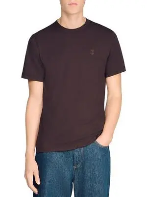Sandro Cotton T Shirt With Leather Logo Patch - Chocolate