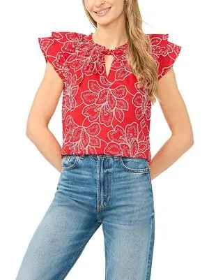 CECE DUPRAZ Eyelet Flutter Sleeve Top - Classic Cherry