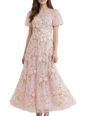 NEEDLE & THREAD Garden Rose Short Sleeve Maxi Gown - Shell/pastel Blue