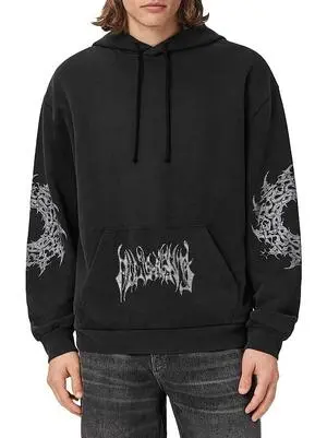 ALLSAINTS Helvette Metal Logo Graphic Drawstring Hoodie - Washed Black