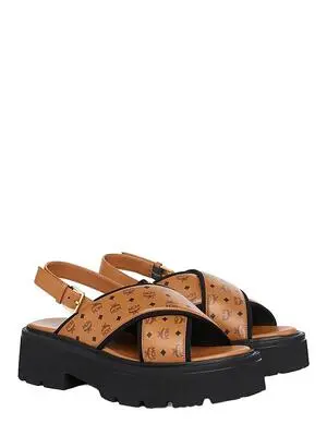 Mcm Monogram Platform Sandals In Lambskin - Cognac