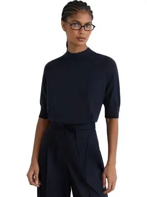 REISS Sienna Merino Wool Funnel-neck Top - Navy