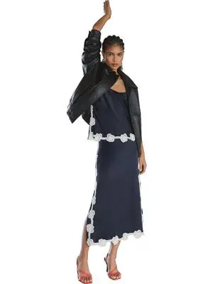 REISS Doa Satin Floral-lace Trim Midi Skirt - Navy