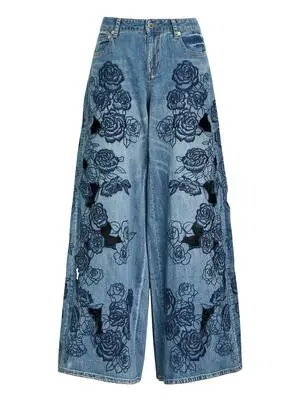 Alice + Olivia Sidney Floral-embroidered Wide-leg Jeans - Blue
