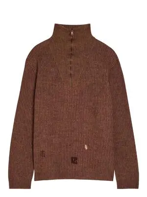 MAISON MARGIELA Ribbed Wool And Linen-blend Zip-up Jumper - Brown
