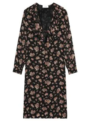 Celine Silk Georgette Printed Jabot Dress - Black