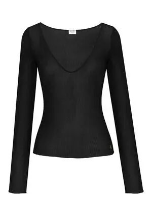 SAINT LAURENT CASSANDRE V-NECK TOP IN RIBBED SILK