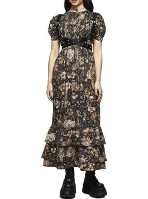 DISTURBIA Triple Goddess Tiered Shirred Maxi Dress - Black