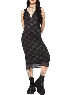 DISTURBIA Sorrowelle Checked Mesh Midi Dress - Black