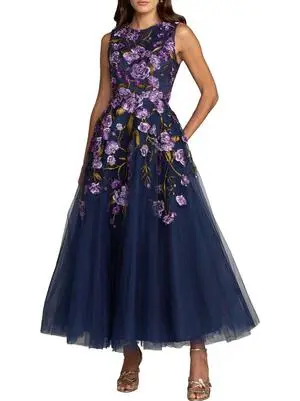 Mac Duggal Embroidered Sleeveless A-line Midi Dress - Midnight Multi