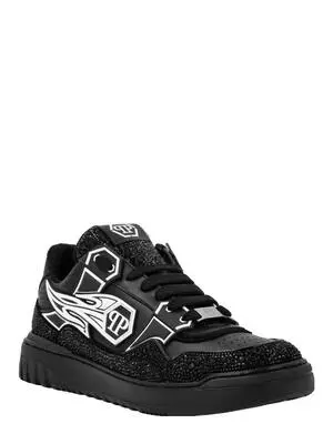 Philipp Plein Mix Leather Lo-top Sneakers With Strass Hexagon - Black/black