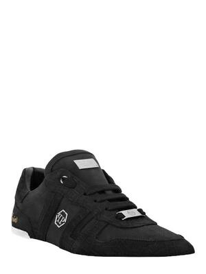 Philipp Plein Nubuck Low Top Sneakers With Croc Effect Detailing - Black