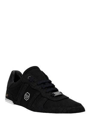 Philipp Plein Nubuck Low Top Sneakers With Croc Effect Detailing - Black