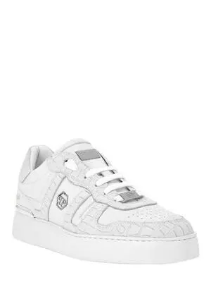 Philipp Plein Nubuck Low Top Sneakers With Croc Effect Detailing - White
