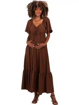 PINKBLUSH Flutter Sleeve Ruffle Hem Maternity Maxi Dress - Brown