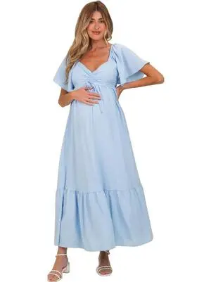 PINKBLUSH Flutter Sleeve Ruffle Hem Maternity Maxi Dress - Light Blue