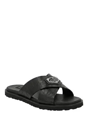 Philipp Plein Croc Effect Leather Criss-cross Strap Slides - Black