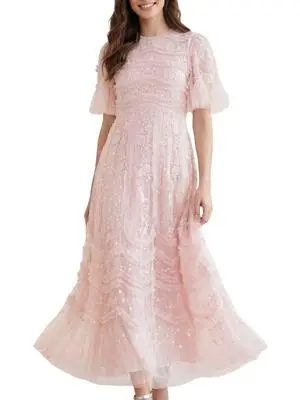 NEEDLE & THREAD Gianna Ruffle Short Sleeve Maxi Gown - Shell