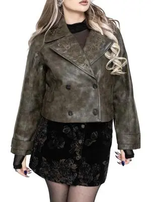 DISTURBIA Faux Leather Cropped Trench Jacket With Embroidery - Brown