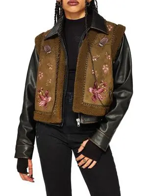 DISTURBIA Sylvara Borg Embroidered Bug Gilet - Brown