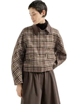 Brunello Cucinelli Checked Wool And Alpaca Blend Jacket With Leather Collar And Monili - Brown