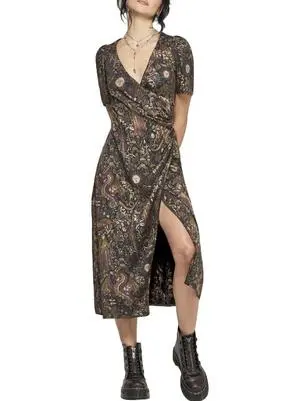 DISTURBIA Haunt Medieval Print Wrap Midi Dress - Brown