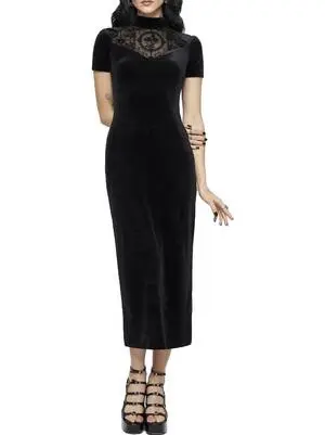 DISTURBIA Cameo Flocked Mesh Insert Midi Dress - Black