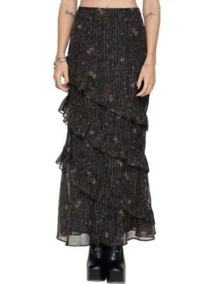 DISTURBIA Astralis Stripe Ruffle Tiered Maxi Skirt - Black