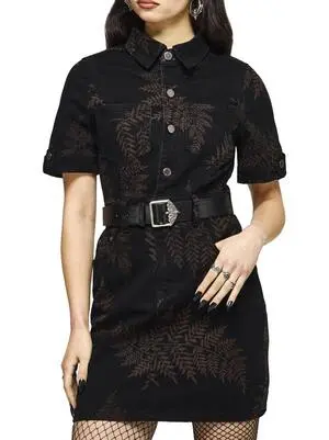 DISTURBIA Ruin Fern Printed Denim Mini Shirt Dress - Black