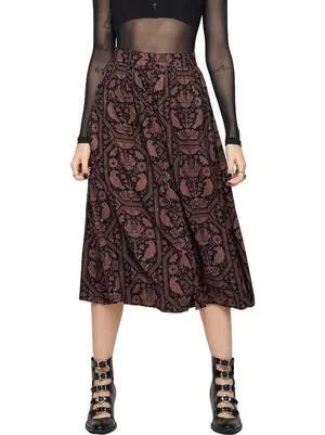 DISTURBIA Annabel Raven Print Button Down Midi Skirt - Black