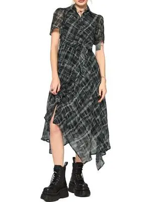 DISTURBIA Checked Midaxi Shirt Dress With Tie Waist And Asymmetrical Hem - Grey