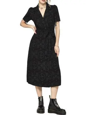 DISTURBIA Cameo Floral Tie Belt Midi Shirt Dress - Black