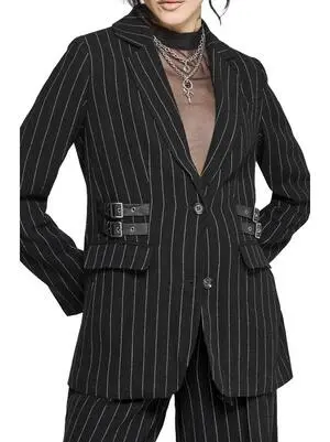 DISTURBIA Charli Pinstripe Buckle Oversized Blazer - Black