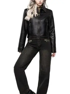DISTURBIA Ermania Crop Faux Leather Jacket - Black